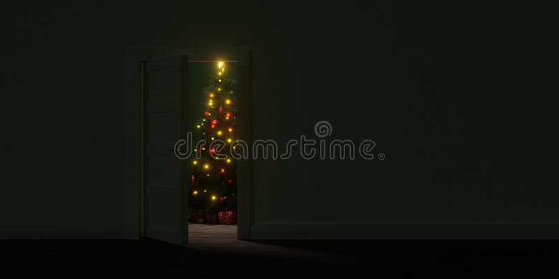 Christmas Tree Illuminated Behind Open Door. 3d Render Stock ...
