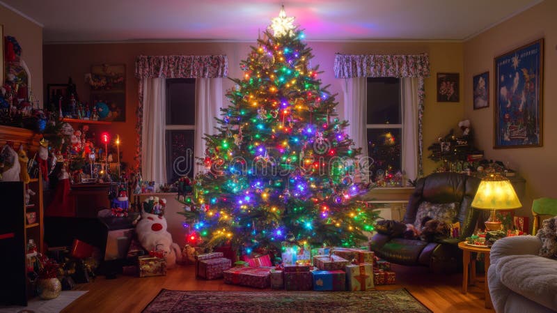 A Christmas Tree Illuminated in a Cozy Living Room Stock Illustration ...