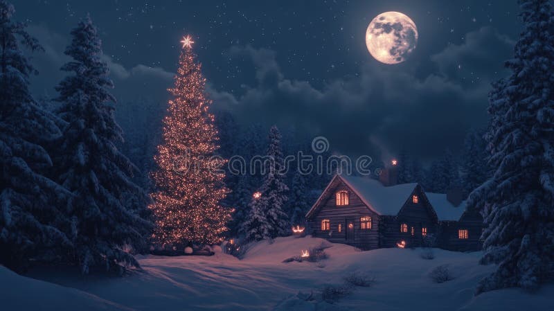 Christmas Tree Illuminated Outside a Cozy Cabin on a Winter Evening ...