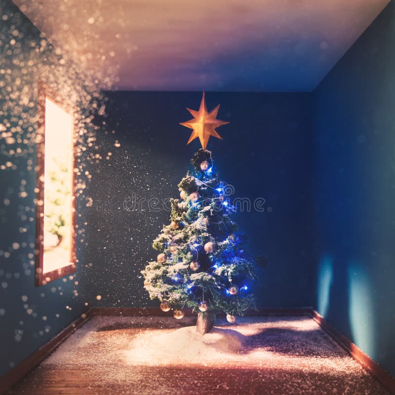 Christmas Tree Inside of a Room Full of Snow Stock Photo - Image of ...