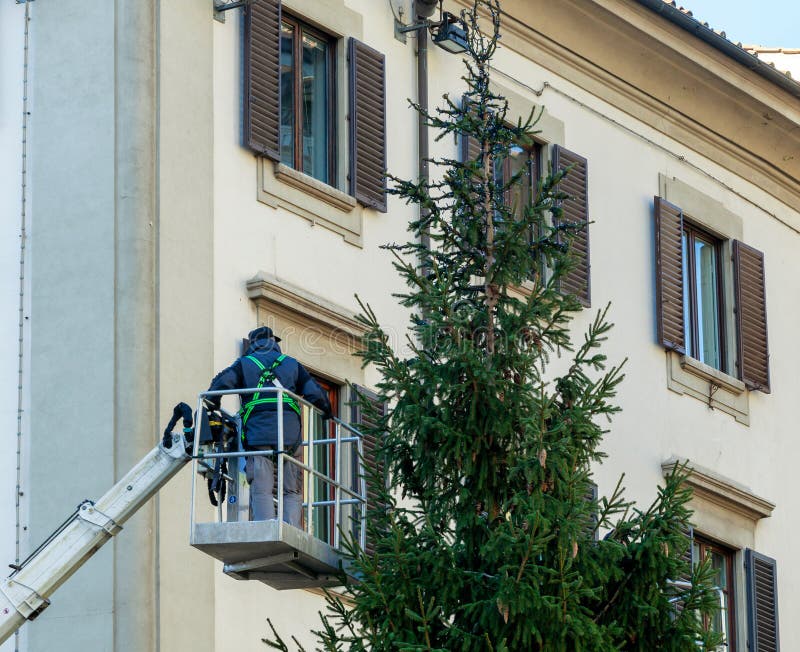 Christmas Tree Installation in Large Square. Worker on Lifting Platform ...