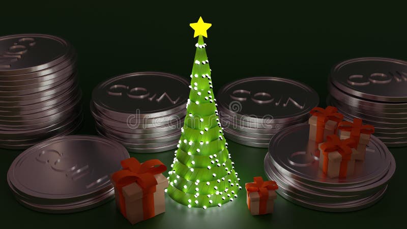A Christmas Tree, with Light Decorations and Christmas Gift, Standing ...