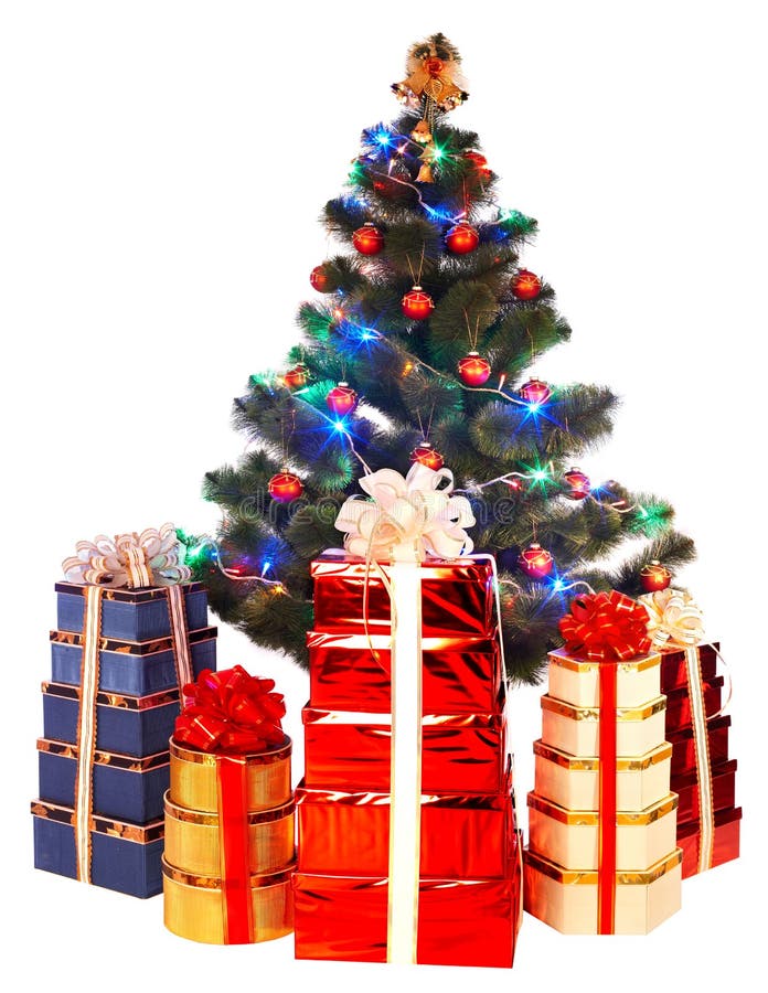 Christmas Tree with Light and Group Gift Box. Stock Photo - Image of ...