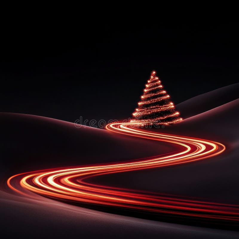 Christmas Tree with Light Trails in Night Landscape Stock Illustration ...