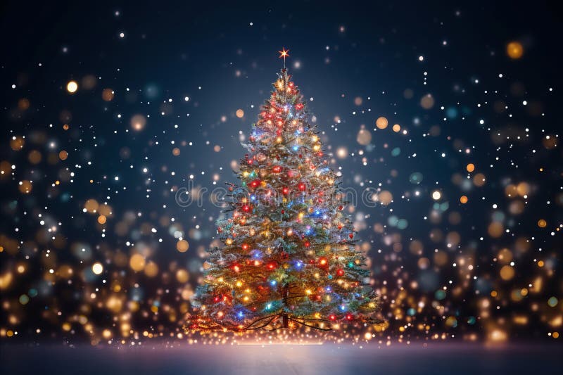Christmas Tree with Lights on a Dark Background Stock Illustration ...