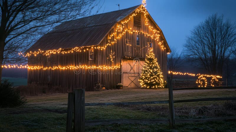 A Christmas Tree and Lights Decorate a Rustic Barn at Dusk Stock ...