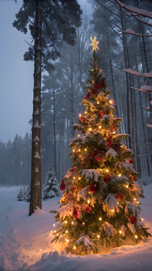 Christmas Tree with Lights in a Christmas Forest Background Stock ...