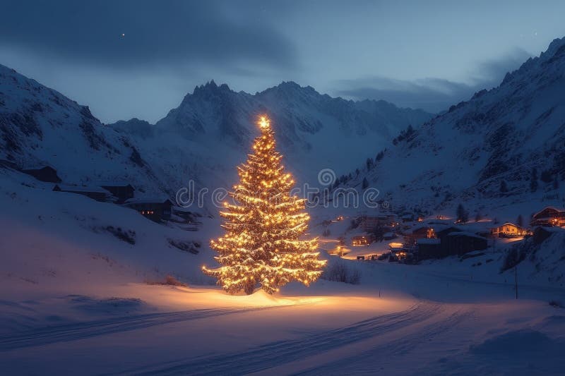 Illuminated Christmas Tree Shining Over Snowy Mountain Village at Night ... Illuminated Christmas Tree Shining Over Snowy Mountain Village at Night ...