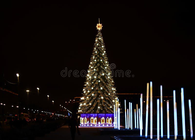 Christmas Tree with Lights in the Night City Stock Image - Image of ...