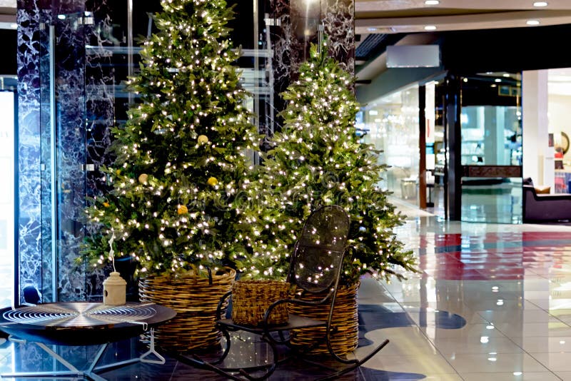 Christmas Tree with Lights and a Rocking Chair Stock Photo - Image of ...