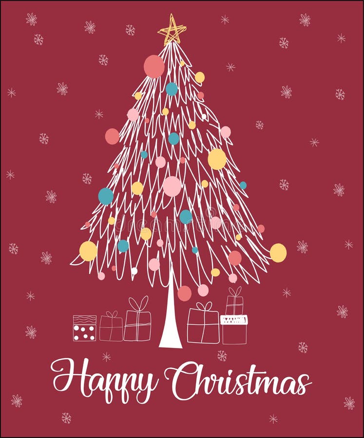 Christmas Tree Line Happy Christmas Card Stock Vector - Illustration of ...