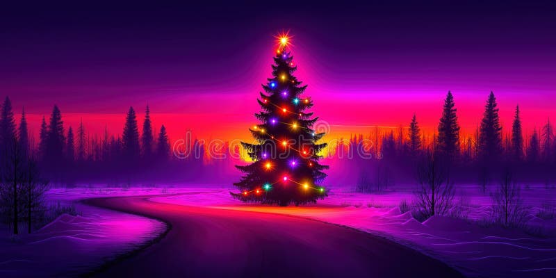 Christmas Tree is Lit Up in a Forest Stock Illustration - Illustration ...