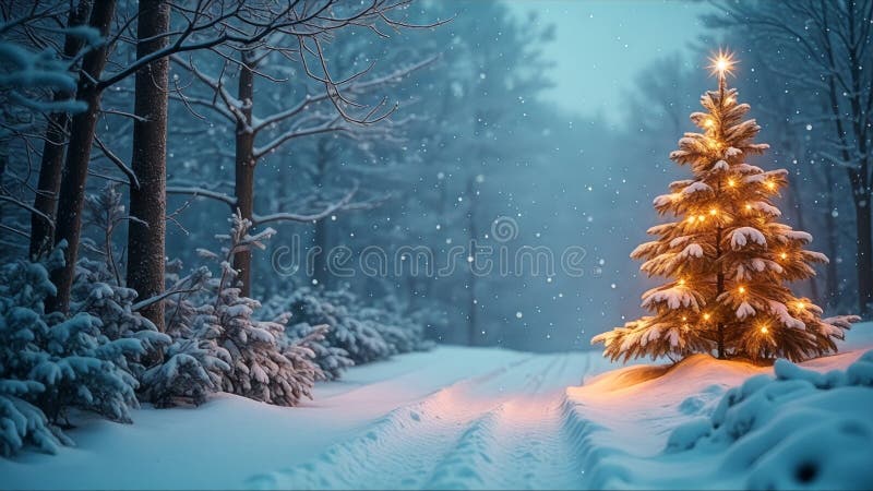 A Christmas Tree is Lit Up in the Snow Stock Illustration ...