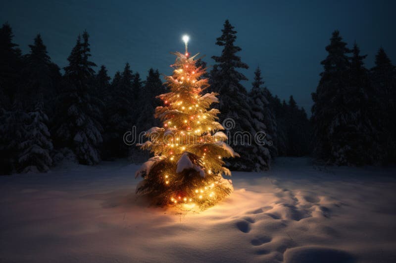 A Christmas Tree is Lit Up in the Snow Stock Image - Image of snowy ...