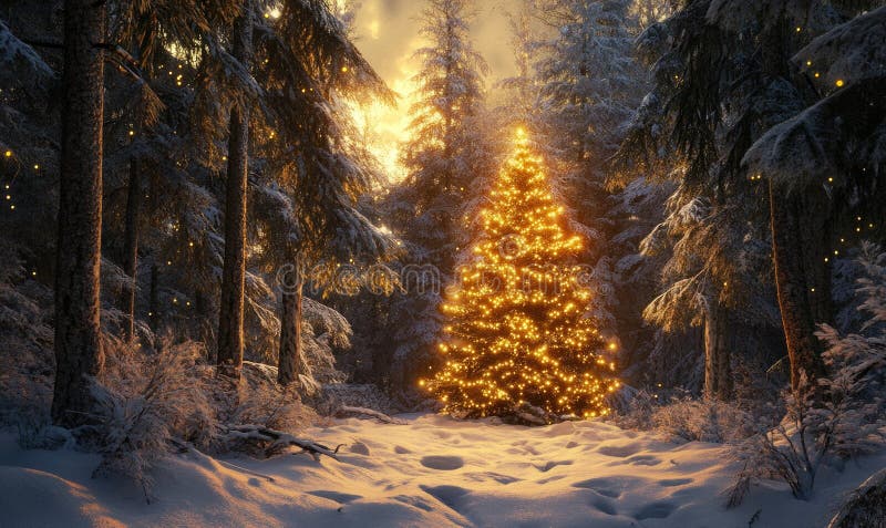A Christmas Tree is Lit Up in a Snowy Forest Stock Image - Image of ...