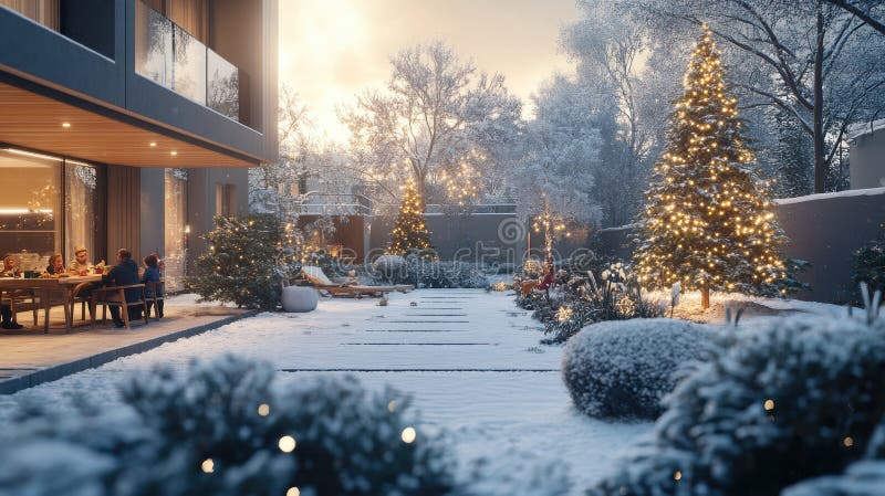A Christmas Tree is Lit Up in a Snowy Yard Stock Photo - Image of ...