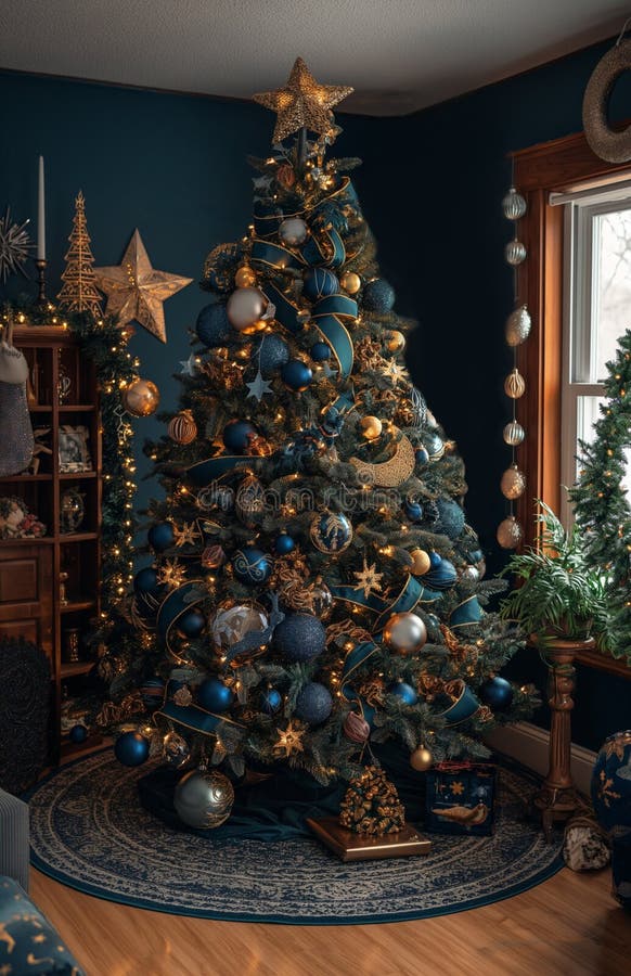 Christmas Tree in the Living Room Decorated in a Celestial Theme Stock Photo - Image of winter ...
