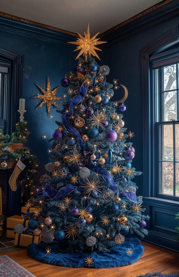 Christmas Tree in the Living Room Decorated in a Celestial Theme Stock Image - Image of card ...