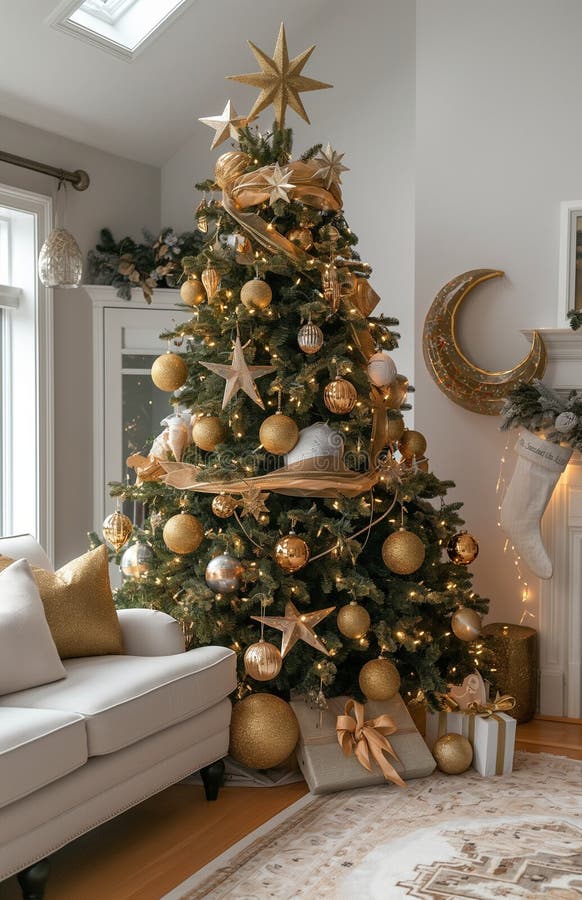 Christmas Tree in the Living Room Decorated in a Celestial Theme Stock Image - Image of tree ...