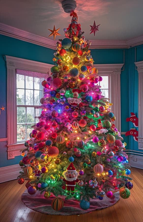 Christmas Tree in the Living Room Decorated with Circus Theme Stock ...
