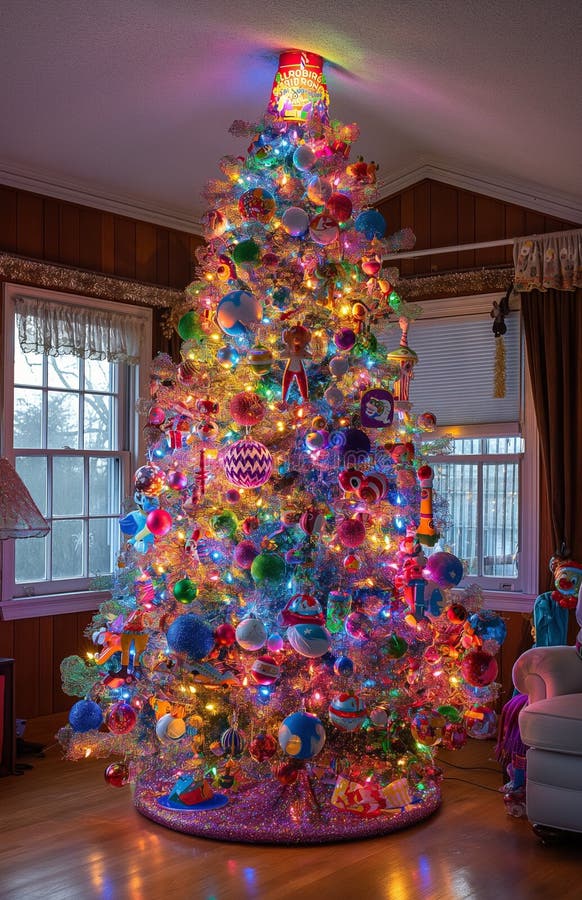 Christmas Tree in the Living Room Decorated with Circus Theme Stock ...