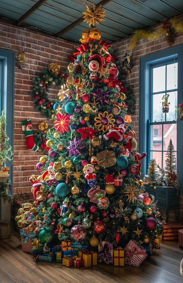 Christmas Tree in the Living Room Decorated with Circus Theme Stock ...