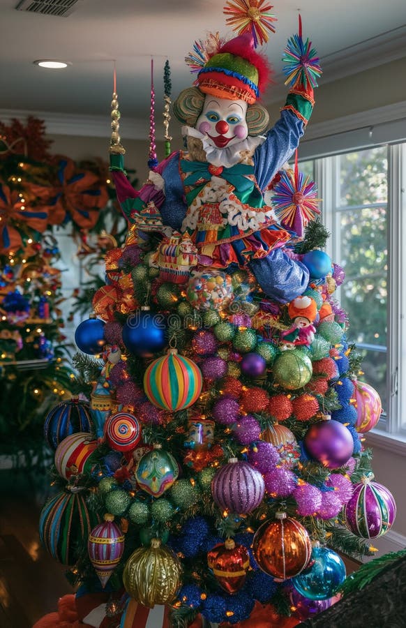 Christmas Tree in the Living Room Decorated with Circus Theme Stock ...