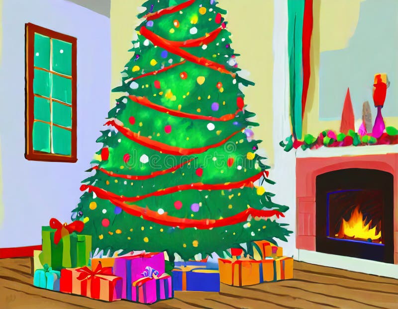 Christmas Tree in Living Room. Vector Art Stock Illustration ...