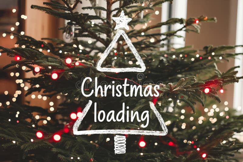 Christmas Tree with Christmas Loading Text Written and Red Bokeh Lights ...
