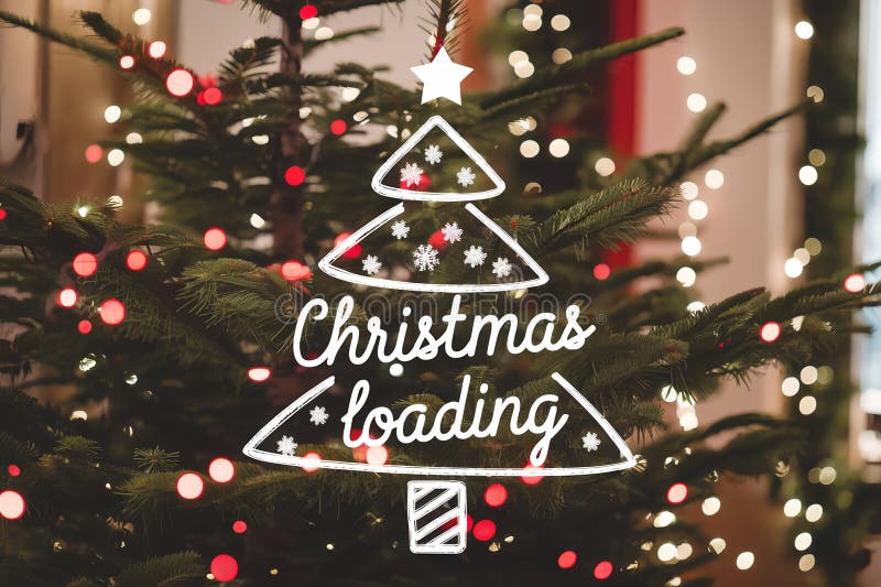 Christmas Tree with Christmas Loading Text Written and Red Bokeh Lights ...