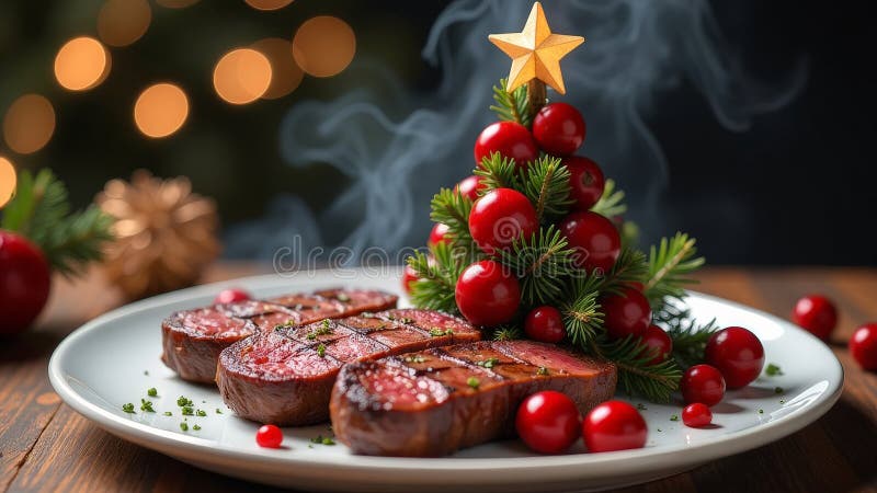 Christmas Tree Made from Beef Steak with Berries Stock Illustration ...