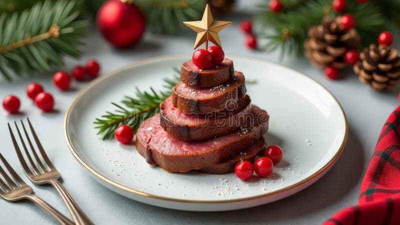 Christmas Tree Made from Beef Steak with Berries Stock Illustration ...