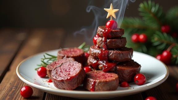 Christmas Tree Made from Beef Steak with Berries Stock Illustration ...