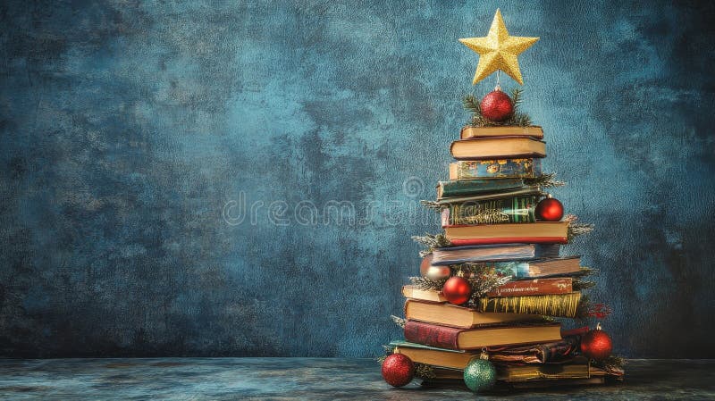 Christmas Tree Made of Books with Festive Decorations and Star Topper ...
