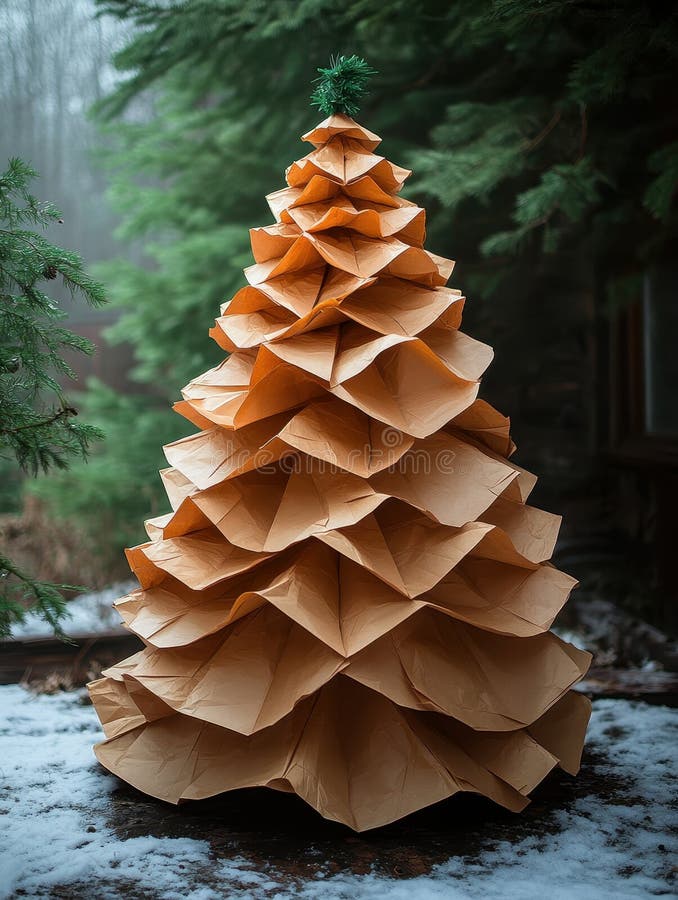 Christmas Tree Made of Crumpled Kraft Paper, Featuring a Rustic and Eco ...