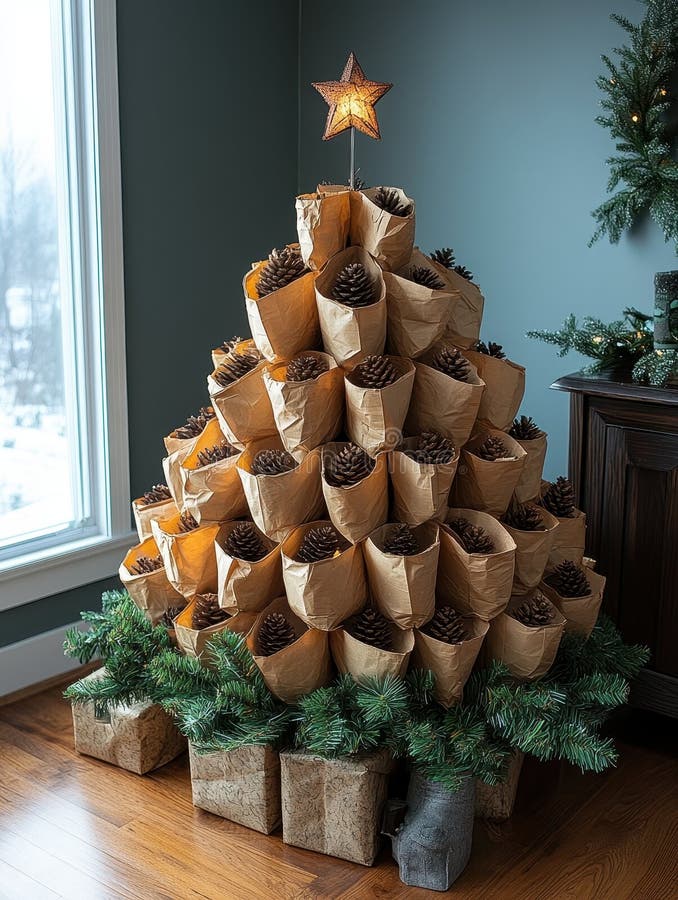 Christmas Tree Made of Crumpled Kraft Paper, Featuring a Rustic and Eco ...