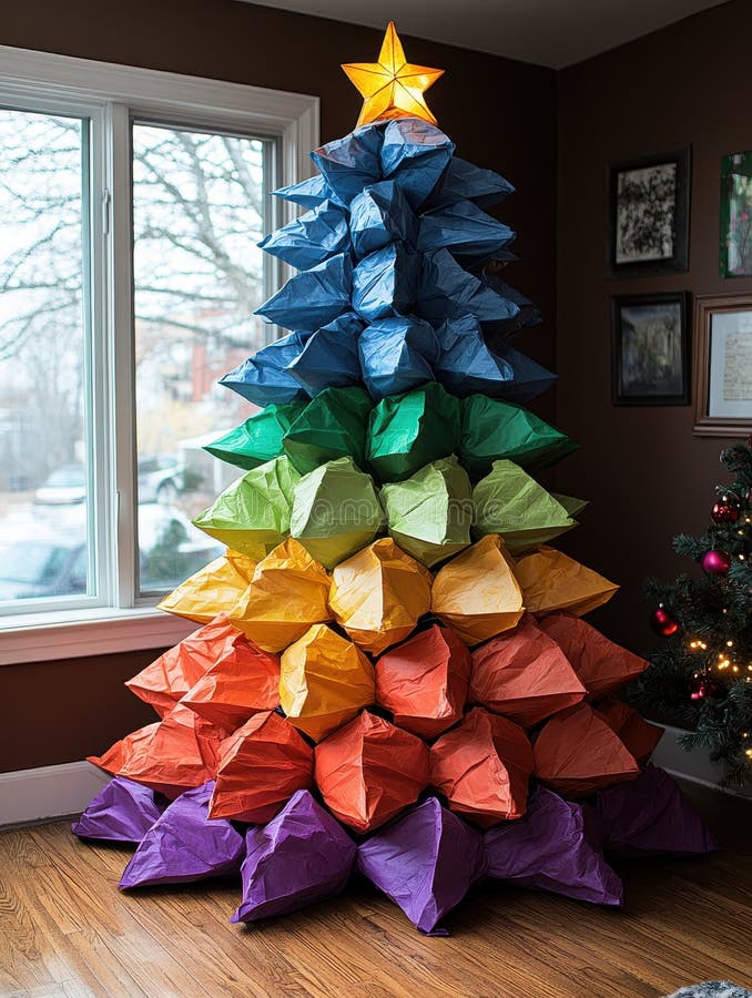 Christmas Tree Made of Crumpled Kraft Paper, Featuring a Rustic and Eco ...