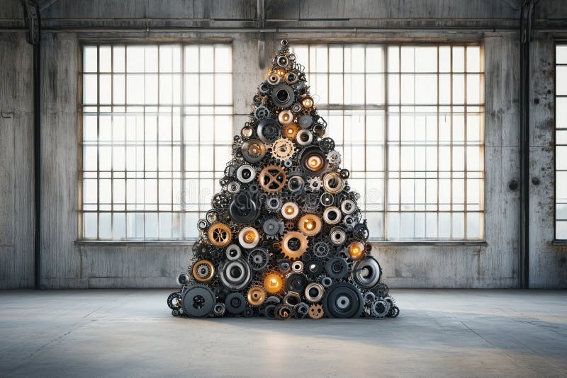 Christmas Tree Made of Gears and Cogs Illuminating Industrial Loft ...