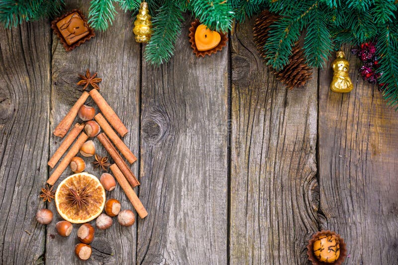 Christmas Tree Made of Nuts, Spices and Dried Oranges. Viewed from ...