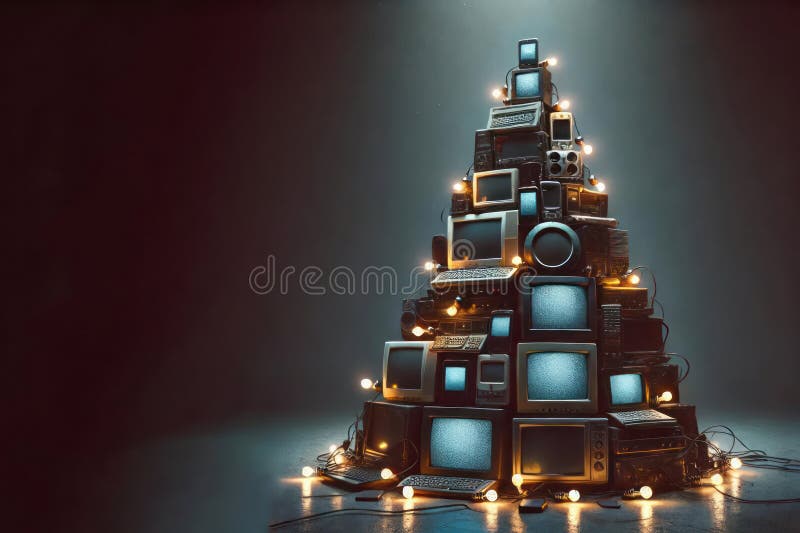 Christmas Tree Made of Old TVs and Electronics with a Garland. Space ...