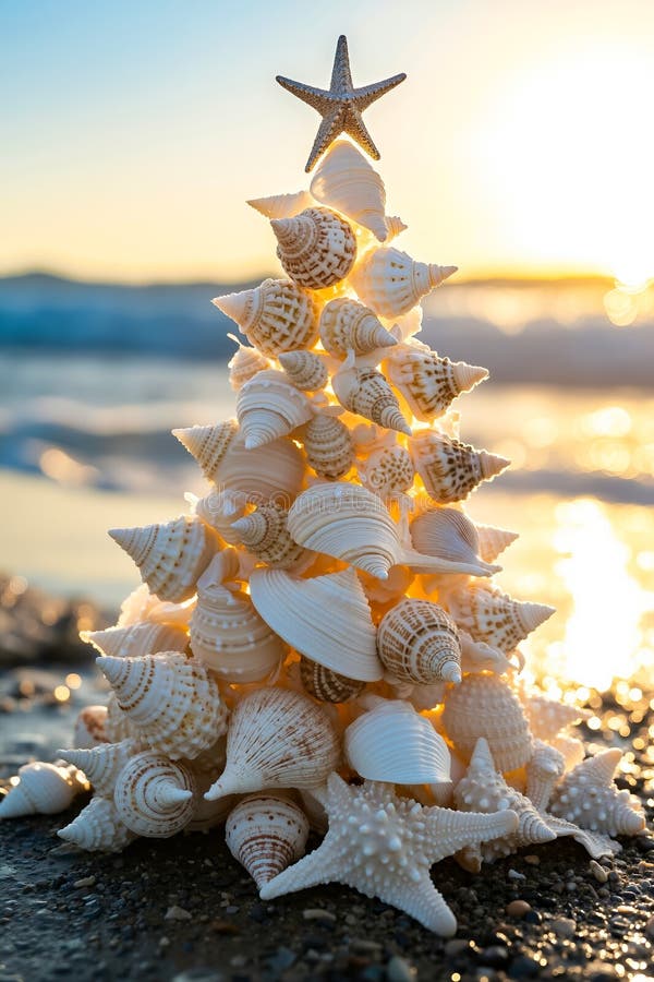 A Christmas Tree Made Out of Shells on the Beach at Sunset Stock Image ...