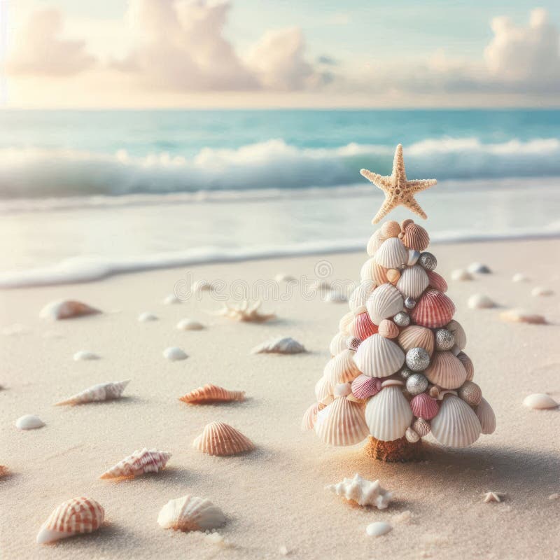 A Christmas Tree Made of Shells on the Beach. Stock Photo - Image of ...