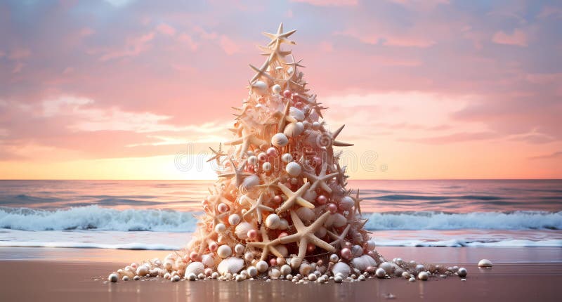 Seashell Christmas Tree on a Beach at Sunset Stock Illustration ...