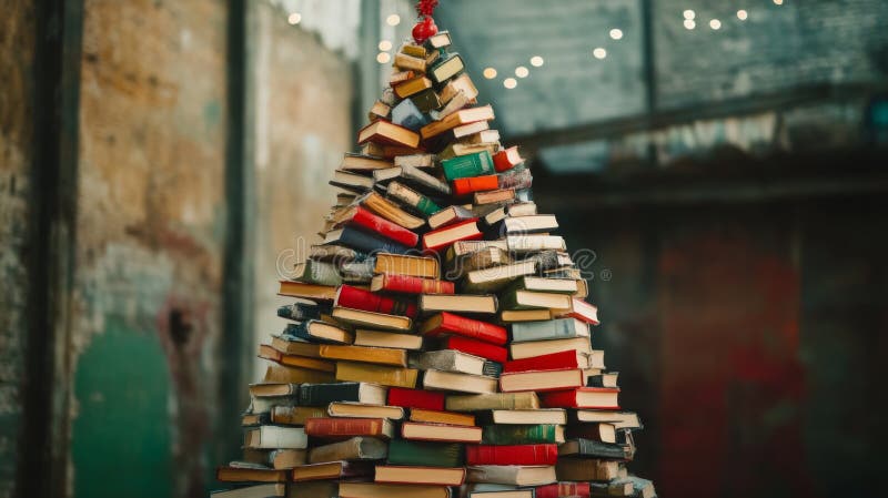 Christmas Tree Made of Stacked Books Stock Illustration - Illustration ...