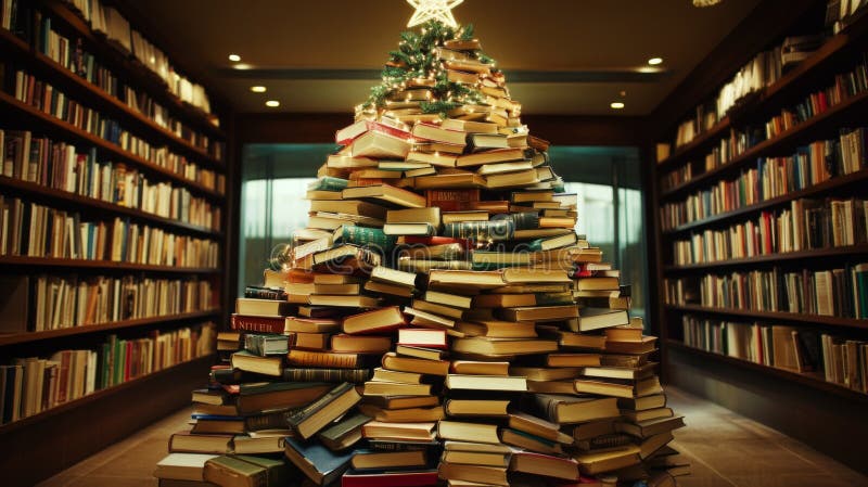 Christmas Tree Made of Stacked Books in a Library Stock Illustration ...
