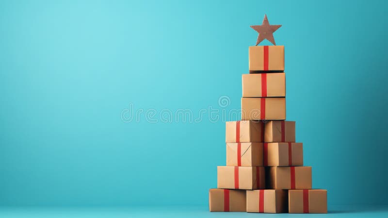 Christmas Tree Made of Stacked Gift Boxes on Blue Background, Minimal ...