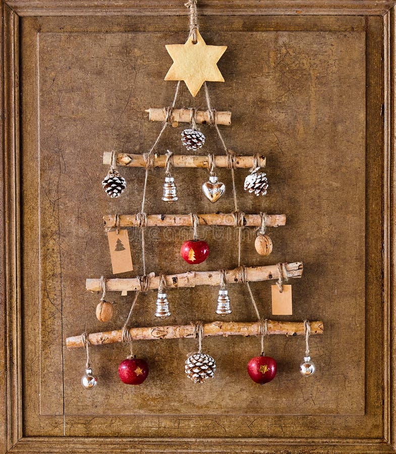 Christmas Tree Made from Sticks and Ornaments Stock Photo - Image of ...