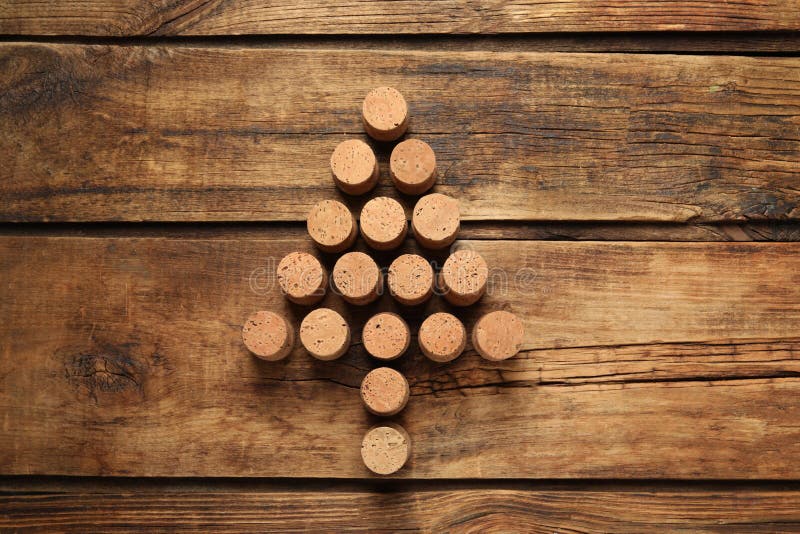 Christmas Tree Made of Wine Corks on Wooden Table, Top View Stock Image ...