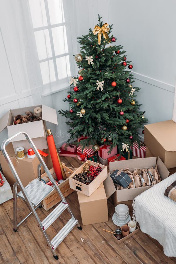Christmas Tree with Messy Boxes on Floor Stock Image - Image of happy ...