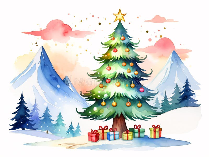 Christmas Tree in the Middle of Snowy Mountain Stock Illustration ...